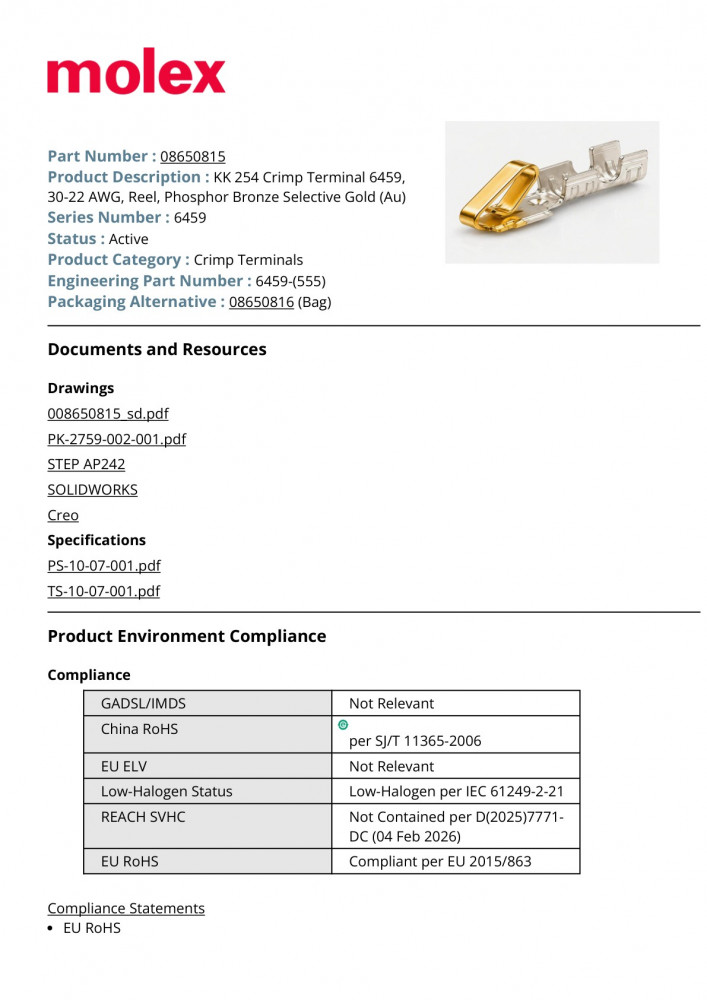 Molex KK 254 product specification page 1