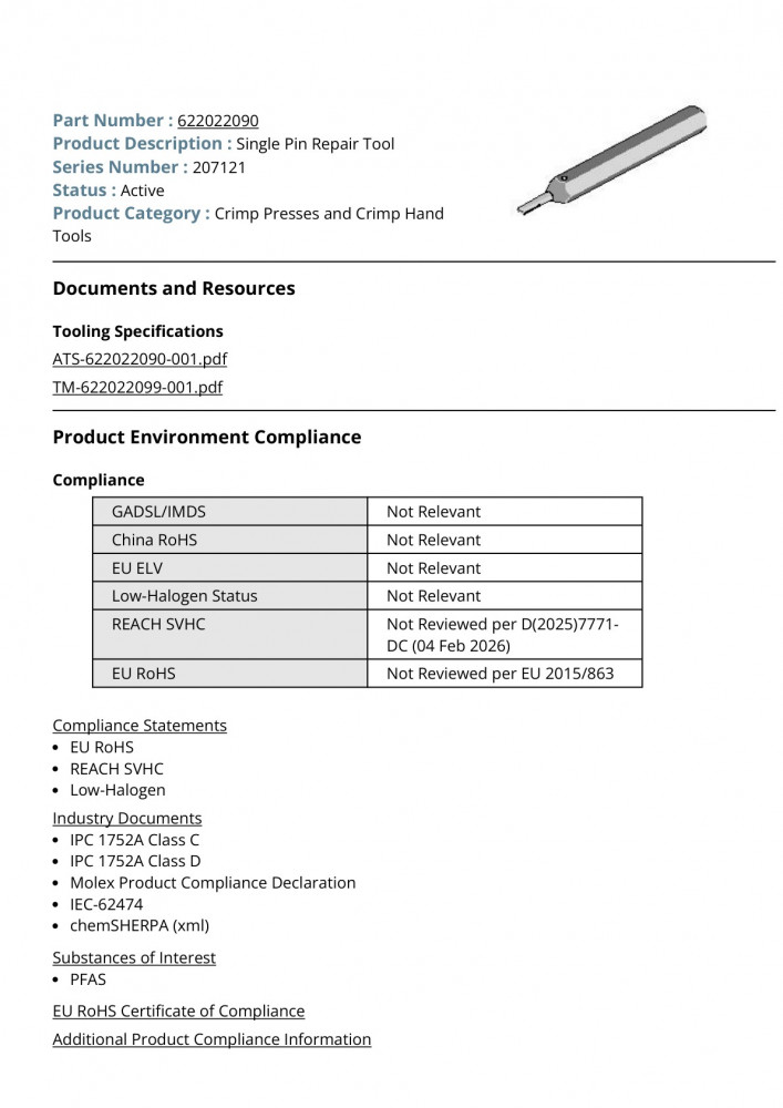 Tooling document page 1 for MOLEX 622022090