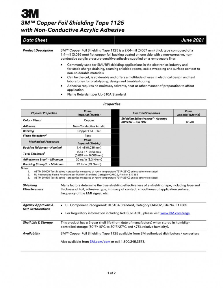 3M Copper Foil Shielding Tape 1125 datasheet page 1