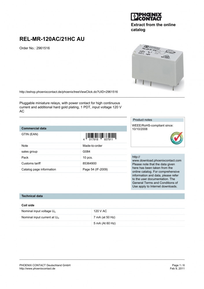 Phoenix Contact 2961516 catalog page