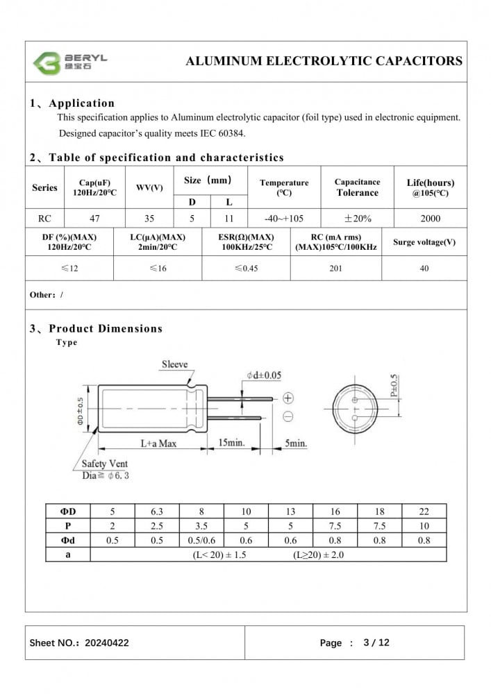 BERYL RC specification sheet page 3