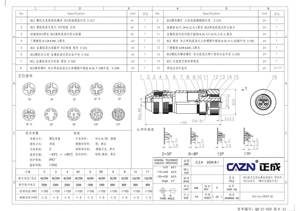CAZN M12-S8A-GWAP7-BS product drawing