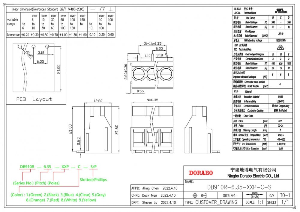 DORABO DB910R-6.35-2P-GN-S technical drawing