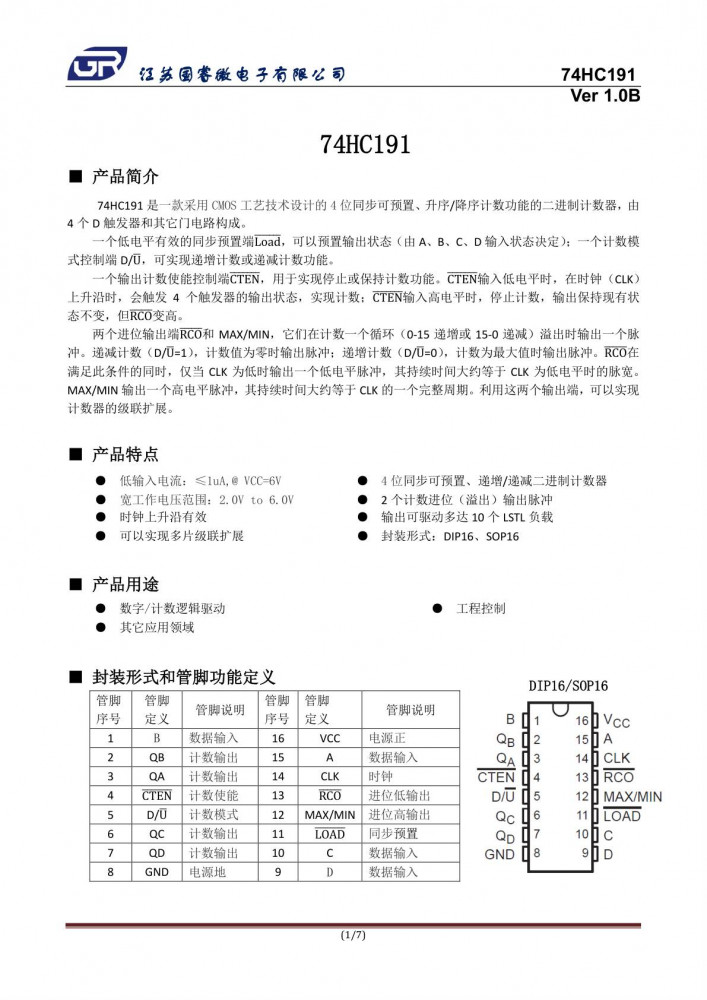 74HC191S datasheet page 1