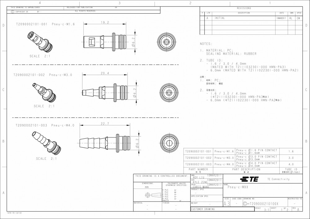 TE Connectivity T2090002101-001 drawing page 1