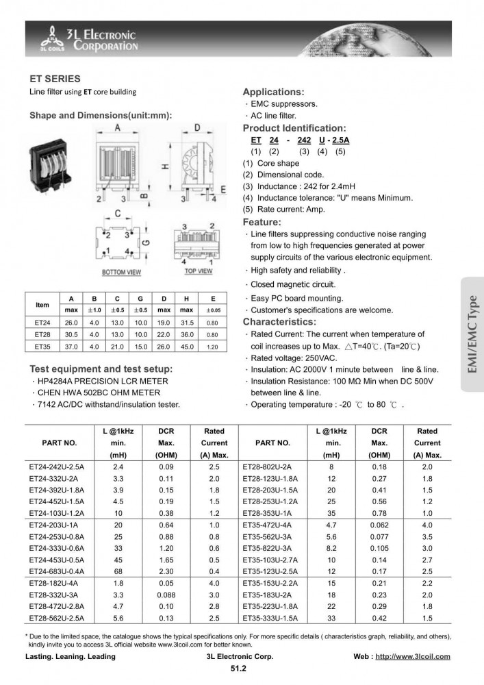 3L COILS ET Series catalogue page showing ET core line-filter information