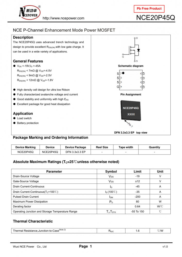 NCE20P45Q datasheet page 1
