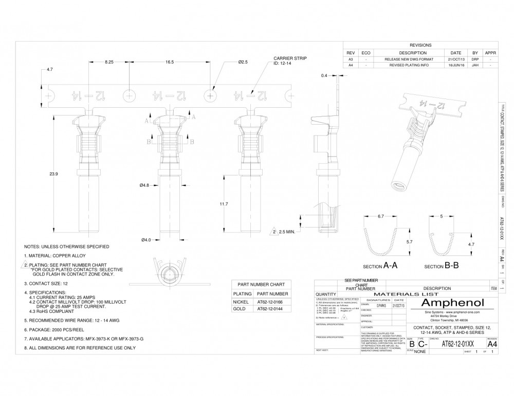 Amphenol AT62-12-0166 technical drawing