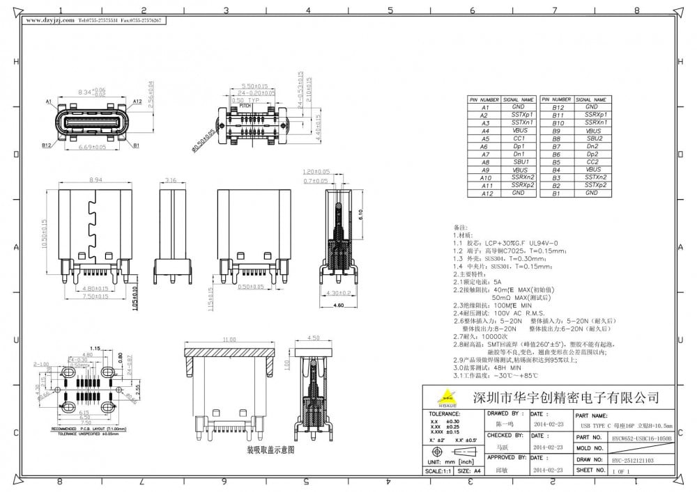 HOAUC HYCW652-USBC16-1050B technical drawing
