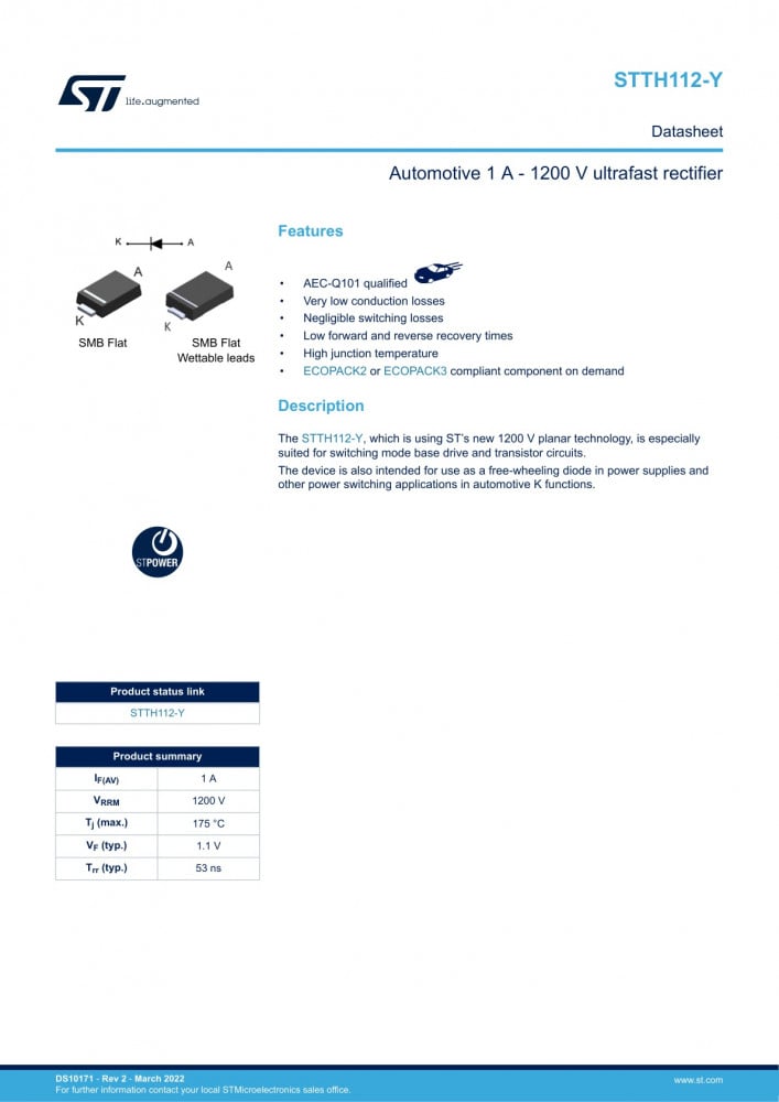 STTH112UFY datasheet page 1