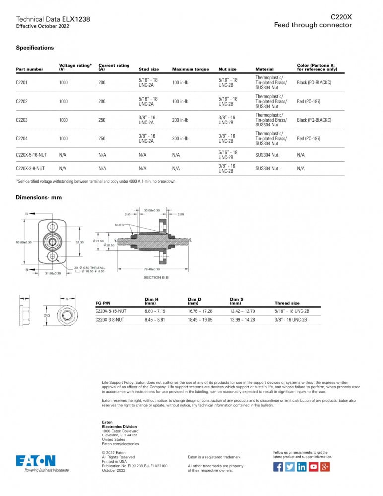 EATON C220X feed-through connector datasheet page 2