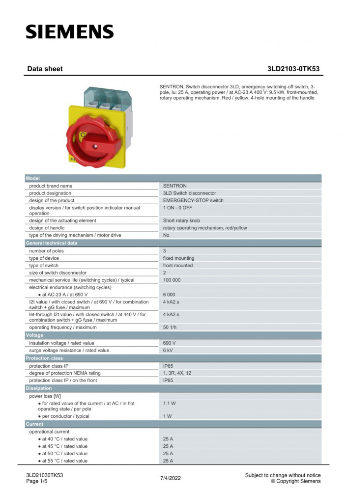 3LD2103-0TK53 technical document page 1