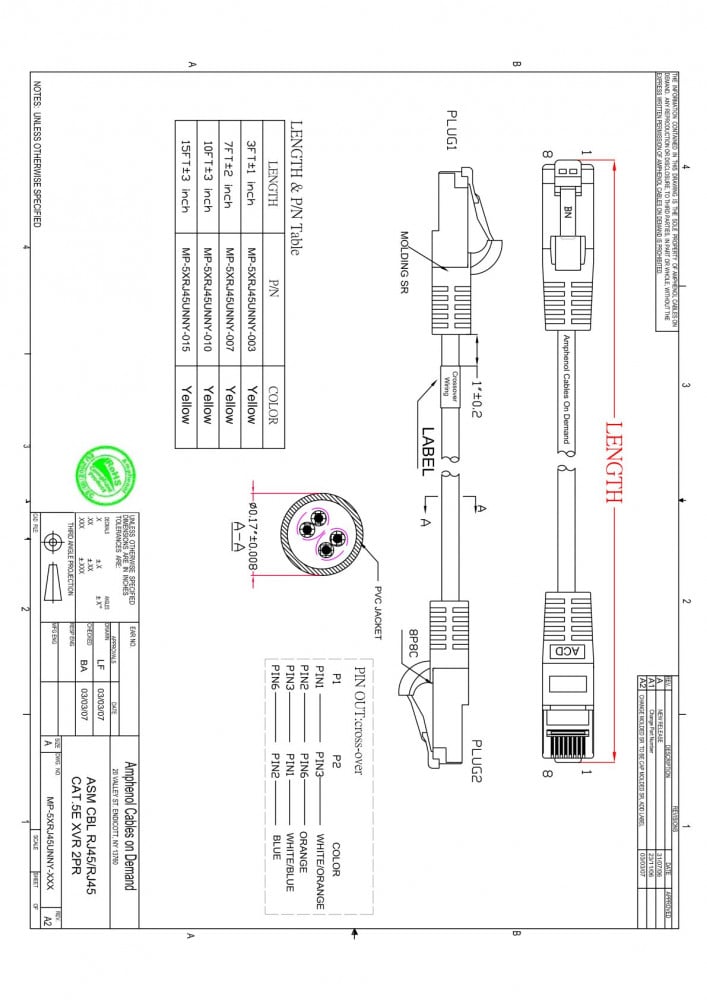Amphenol MP-5XRJ45UNNY-007 technical drawing page