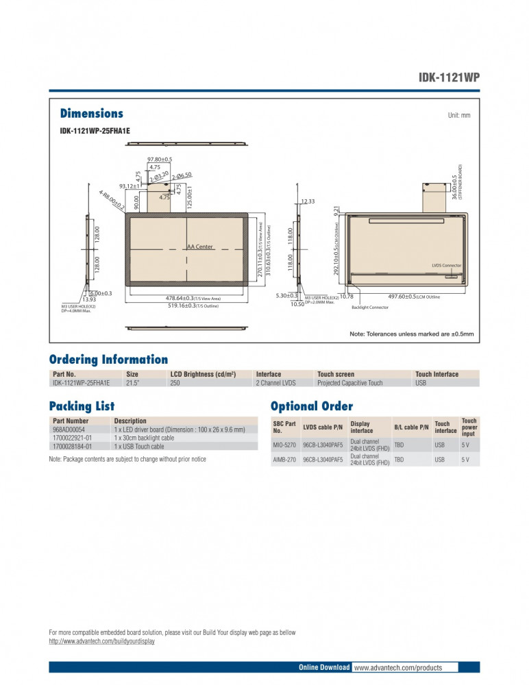 ADVANTECH IDK-1121WP-25FHA1E technical document page 2