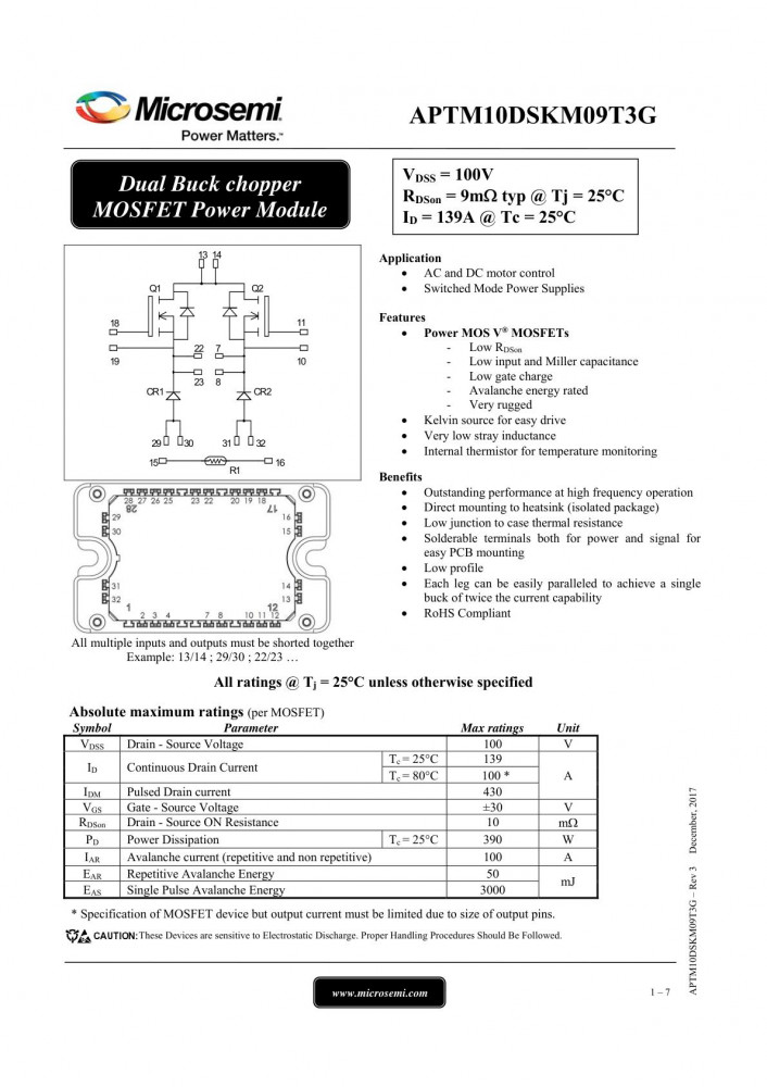 APTM10DSKM09T3G datasheet page 1