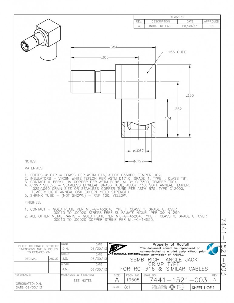 Radiall 7441-1521-003 SSMB right-angle crimp jack drawing