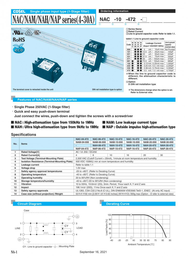 Cosel NAC series datasheet page 1