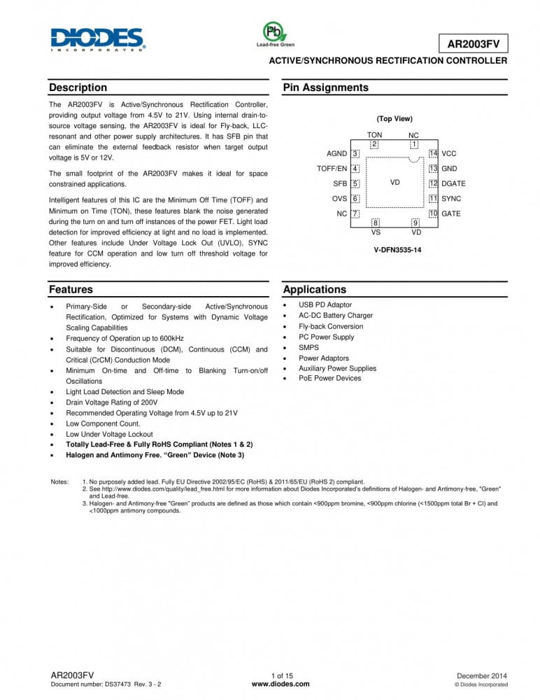 AR2003FV-13 datasheet page 1