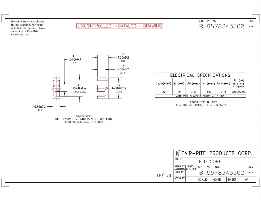 Fair-Rite 9578343502 ETD core drawing
