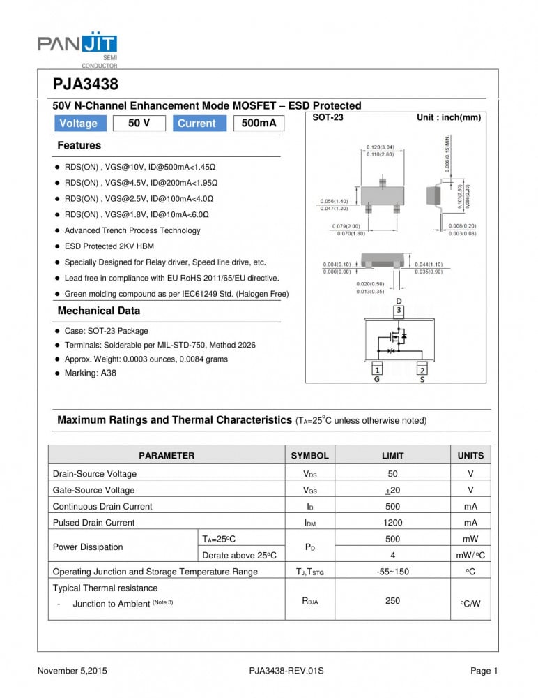 PJA3438 datasheet page 1