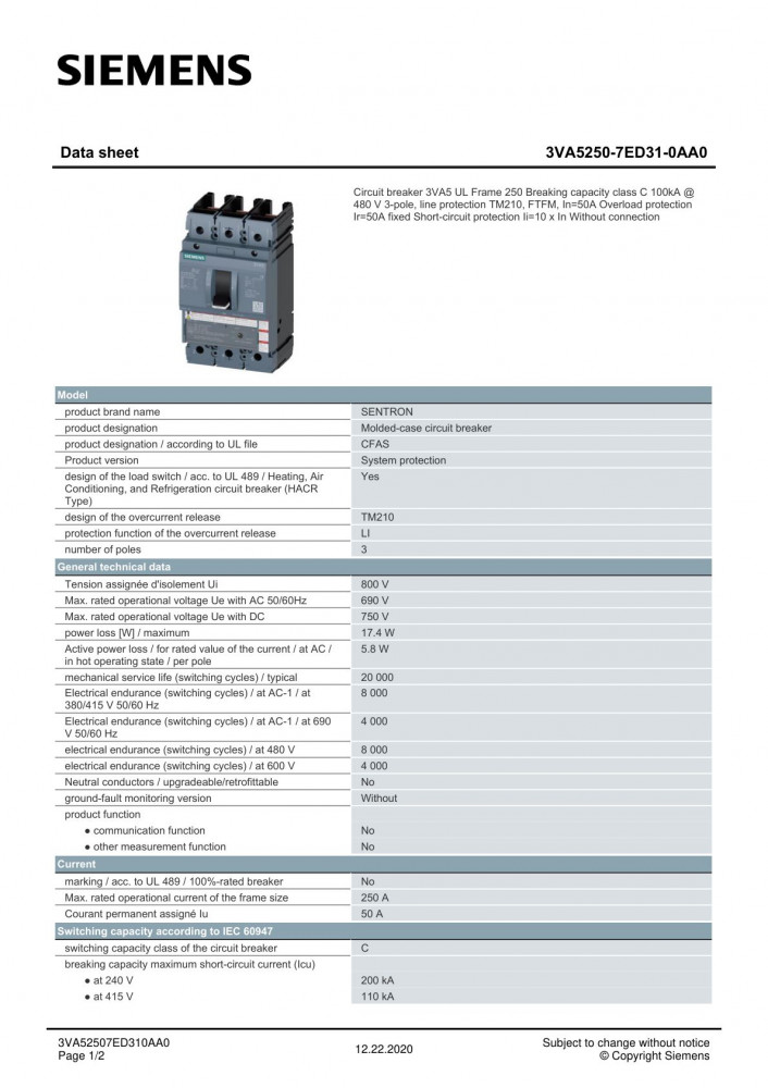 3VA5250-7ED31-0AA0 technical document page 1