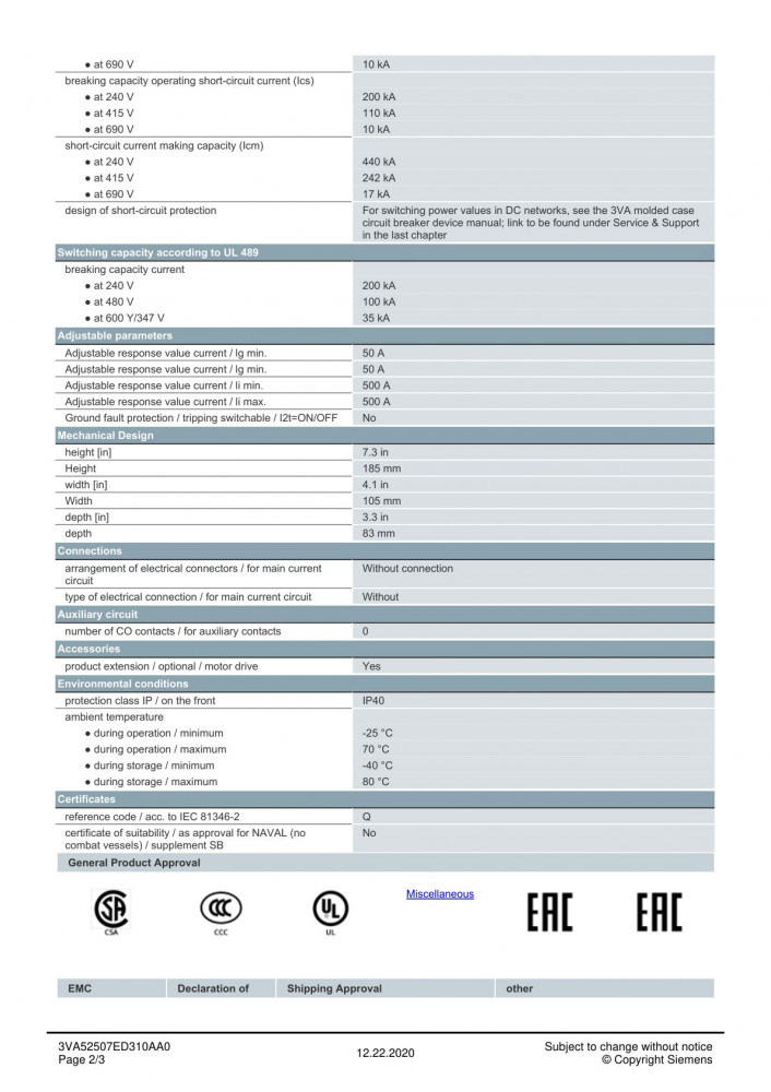 3VA5250-7ED31-0AA0 technical document page 2