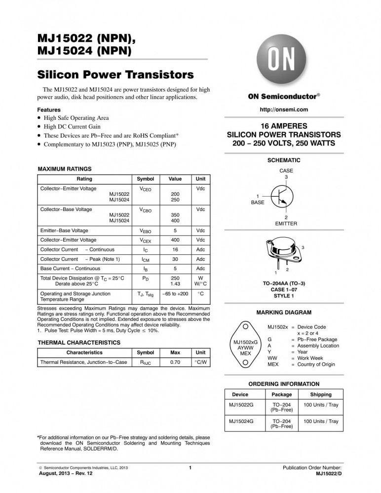 MJ15024G datasheet page 1