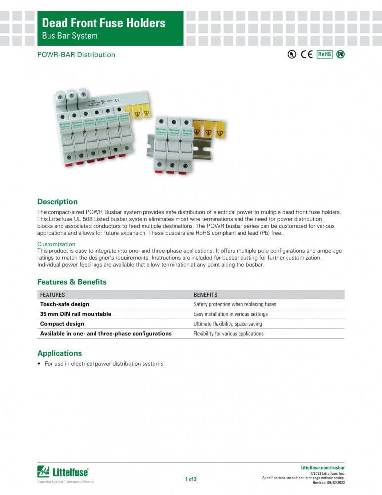 Littelfuse POWR busbar datasheet page 1