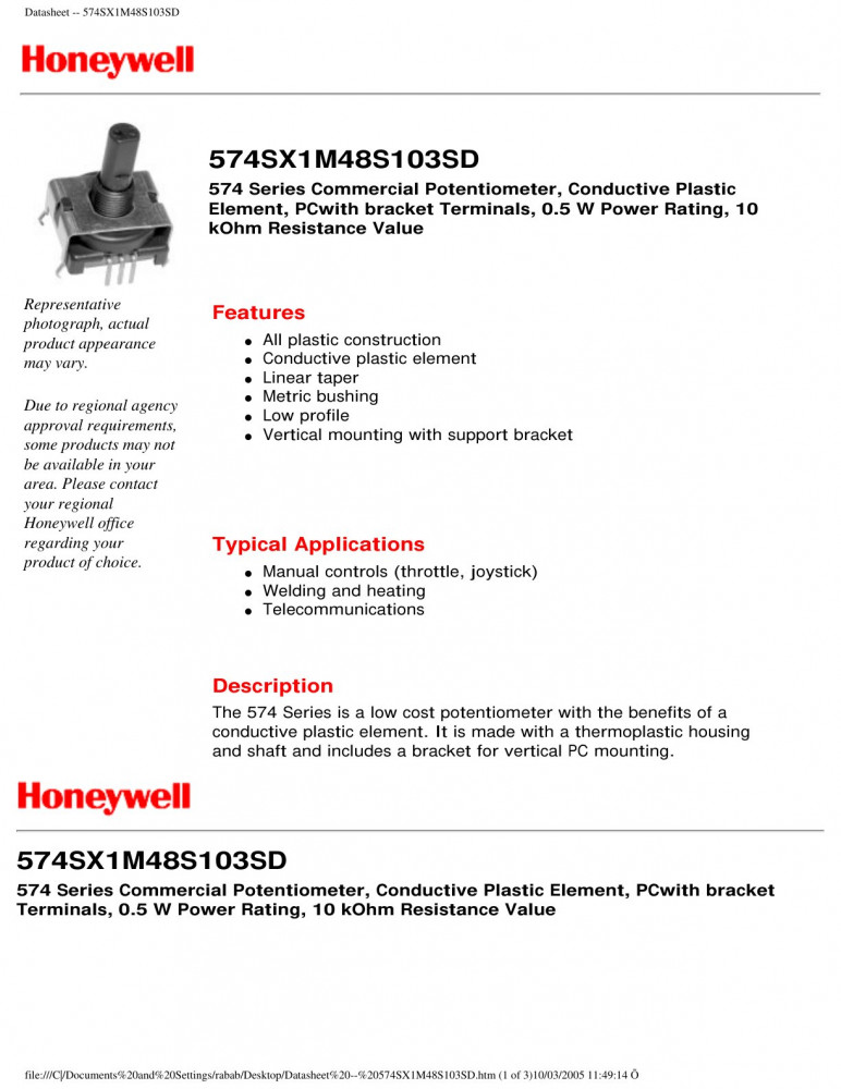Honeywell 574SX1M48S103SD document page 1