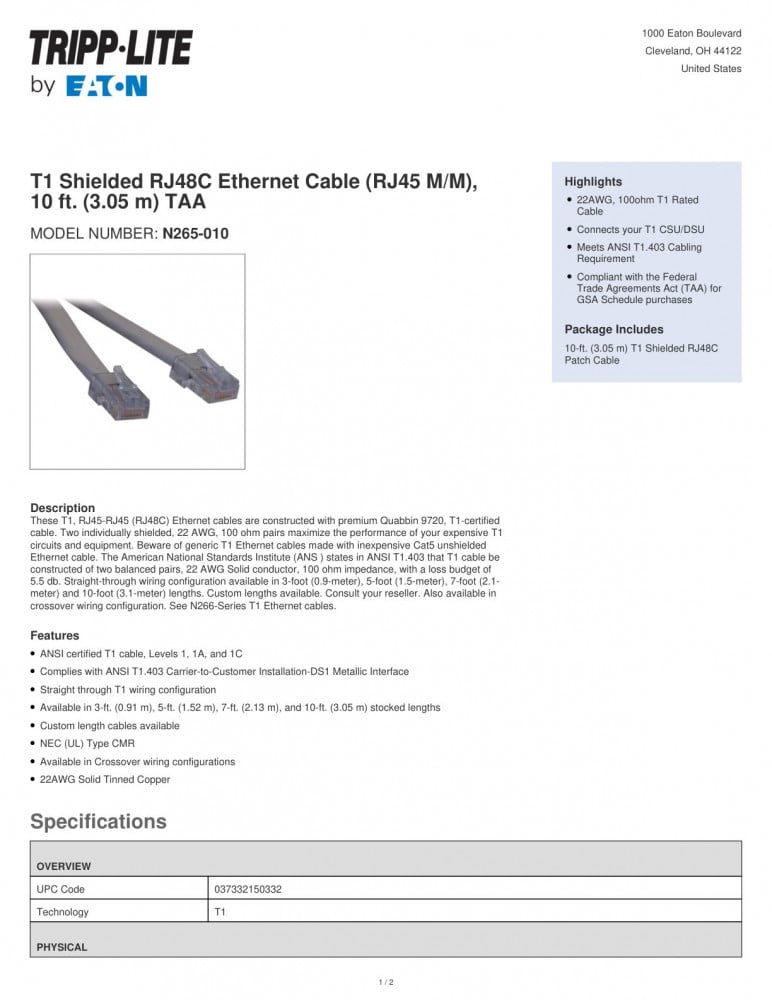 EATON N265-010 technical document page 1