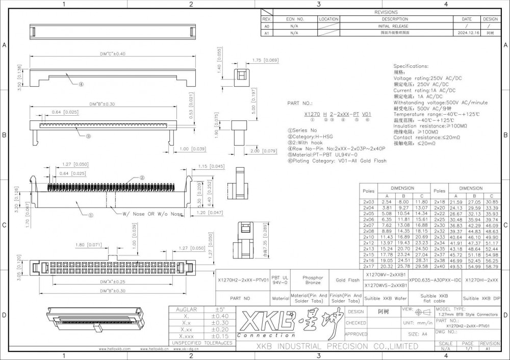 XKB Connection X1270H2-2x10-PTV01 technical drawing