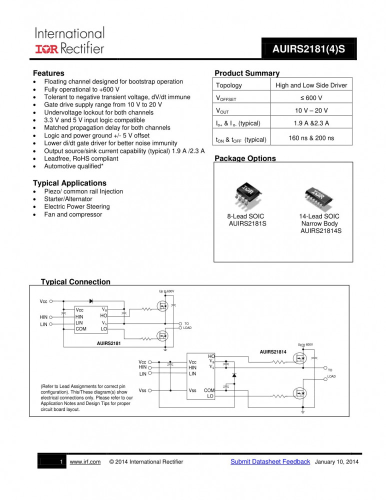 AUIRS21814STR datasheet page 1