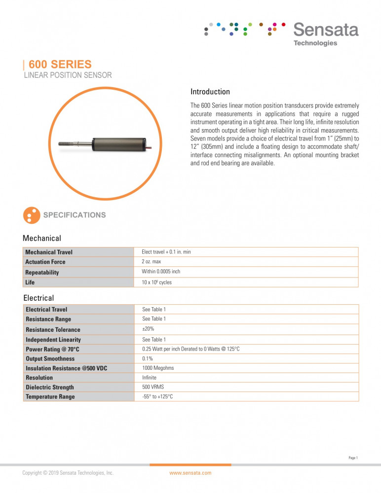 Sensata 600 Series linear position sensor datasheet page 1