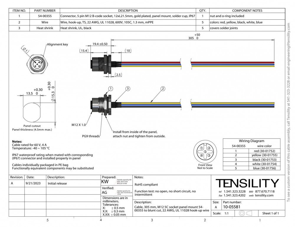 Tensility International 10-05581 product drawing and wiring information