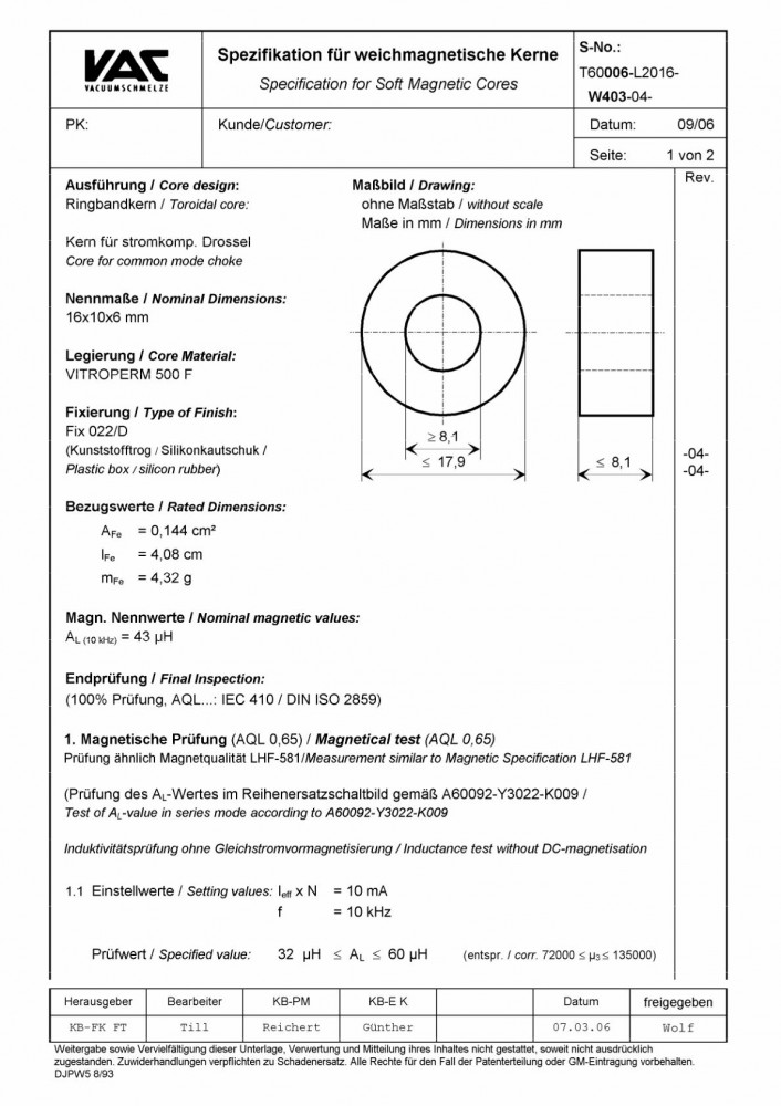 T60006-L2016-W403 soft magnetic core specification, page 1