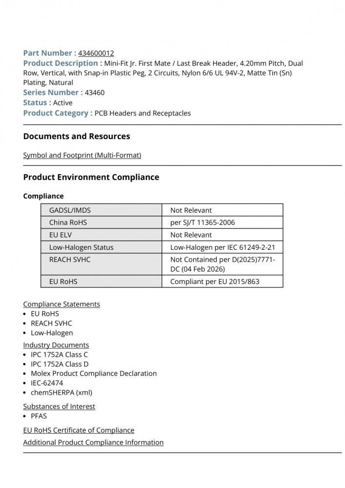 MOLEX 434600012 document preview, page 1
