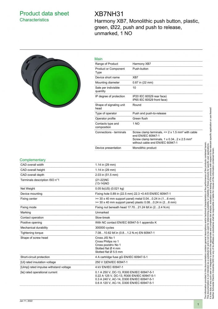 XB7NH31 technical document page 1