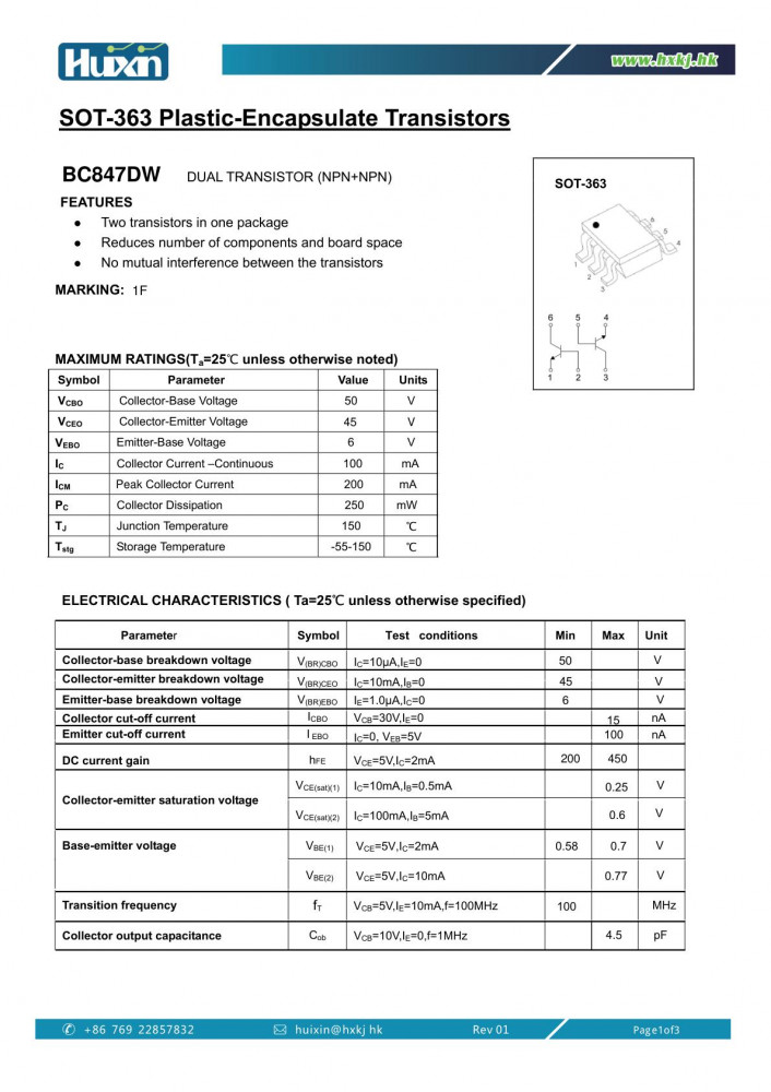BC847DW technical document page 1