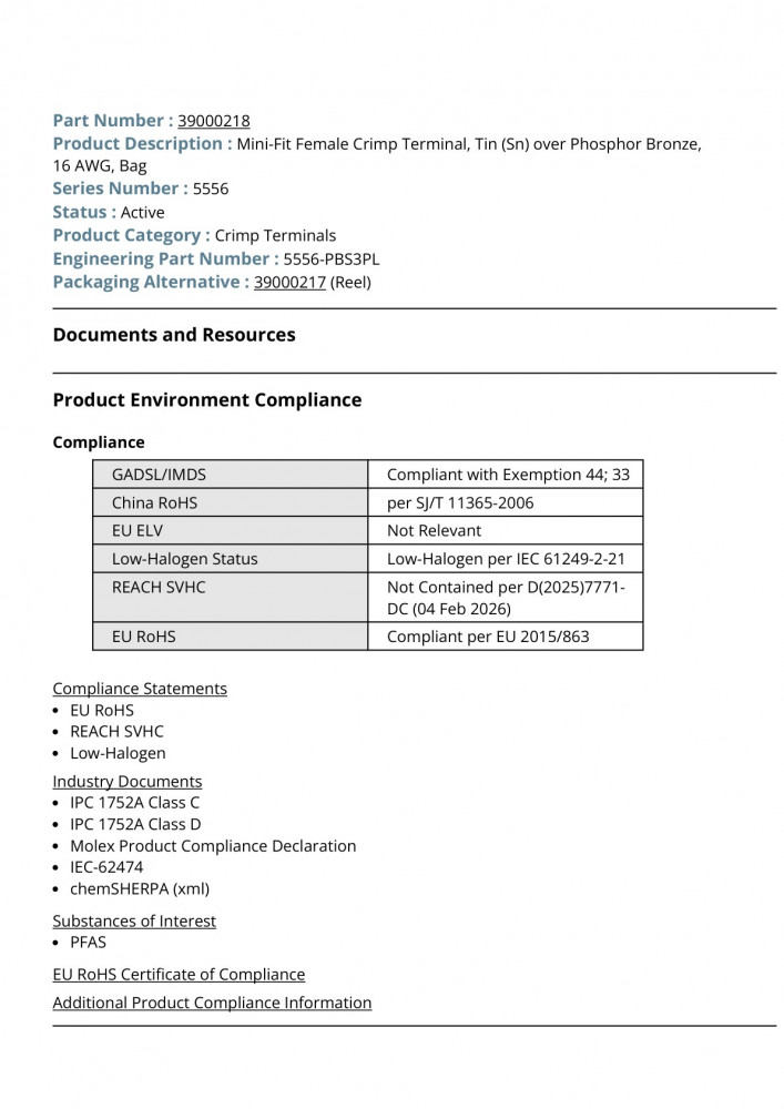 MOLEX MINI-FIT specification reference page 1