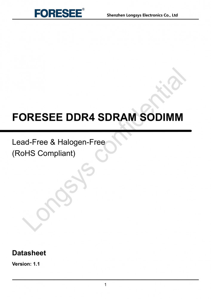 FORESEE DDR4 SDRAM SODIMM datasheet page 1