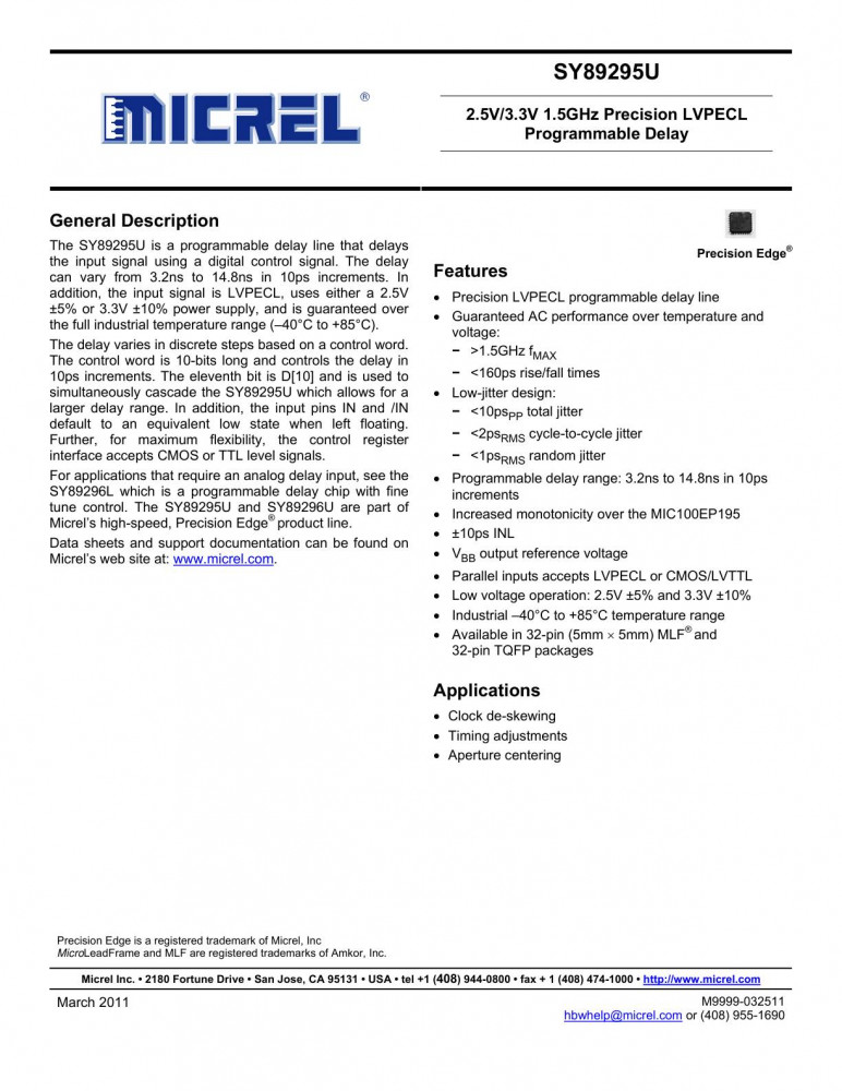 SY89295UMG datasheet page 1