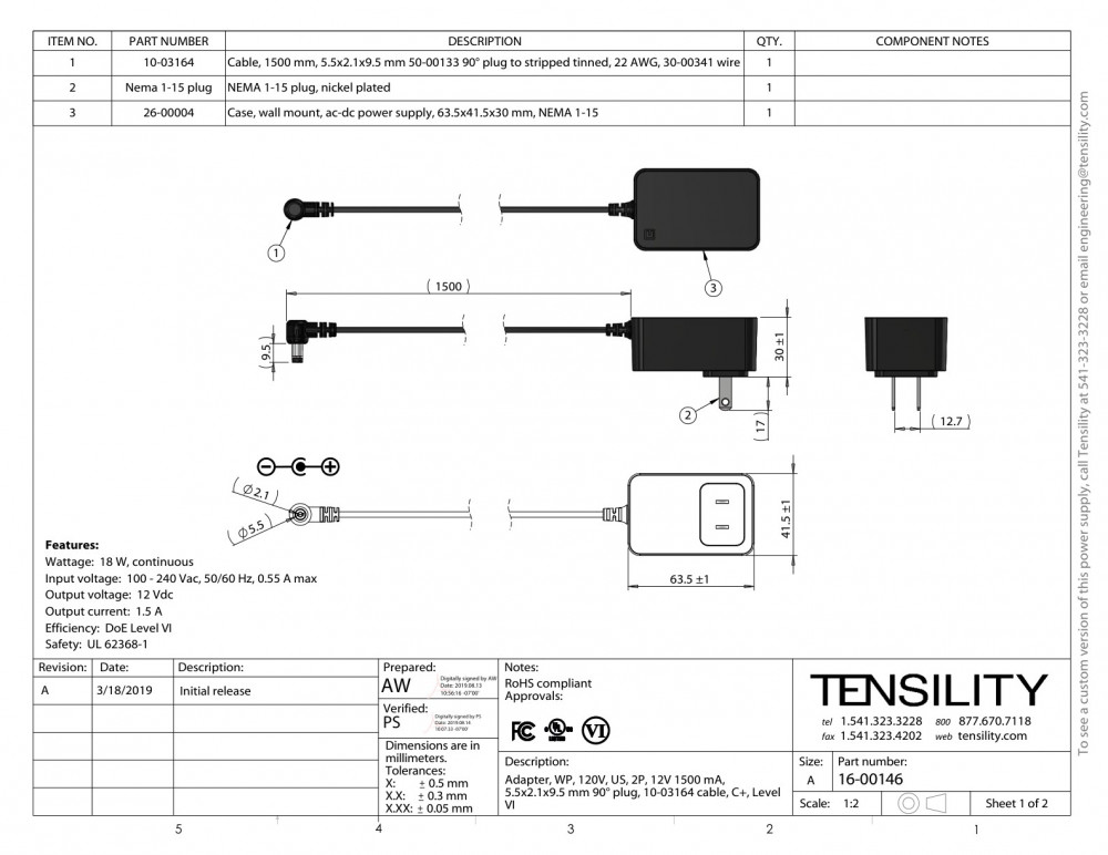 Tensility International 16-00146 product drawing, page 1