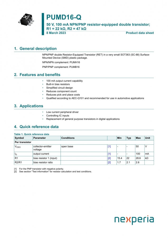 PUMD16-QX datasheet page 1