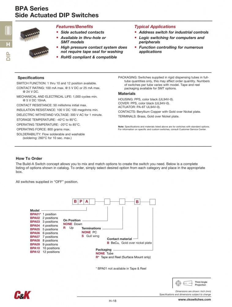 C&K BPA Series datasheet page 1