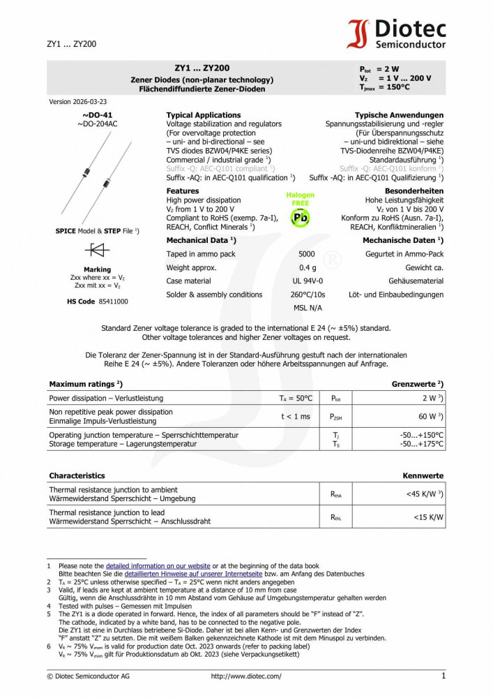 DIOTEC ZY1–ZY200 Zener diodes datasheet, page 1
