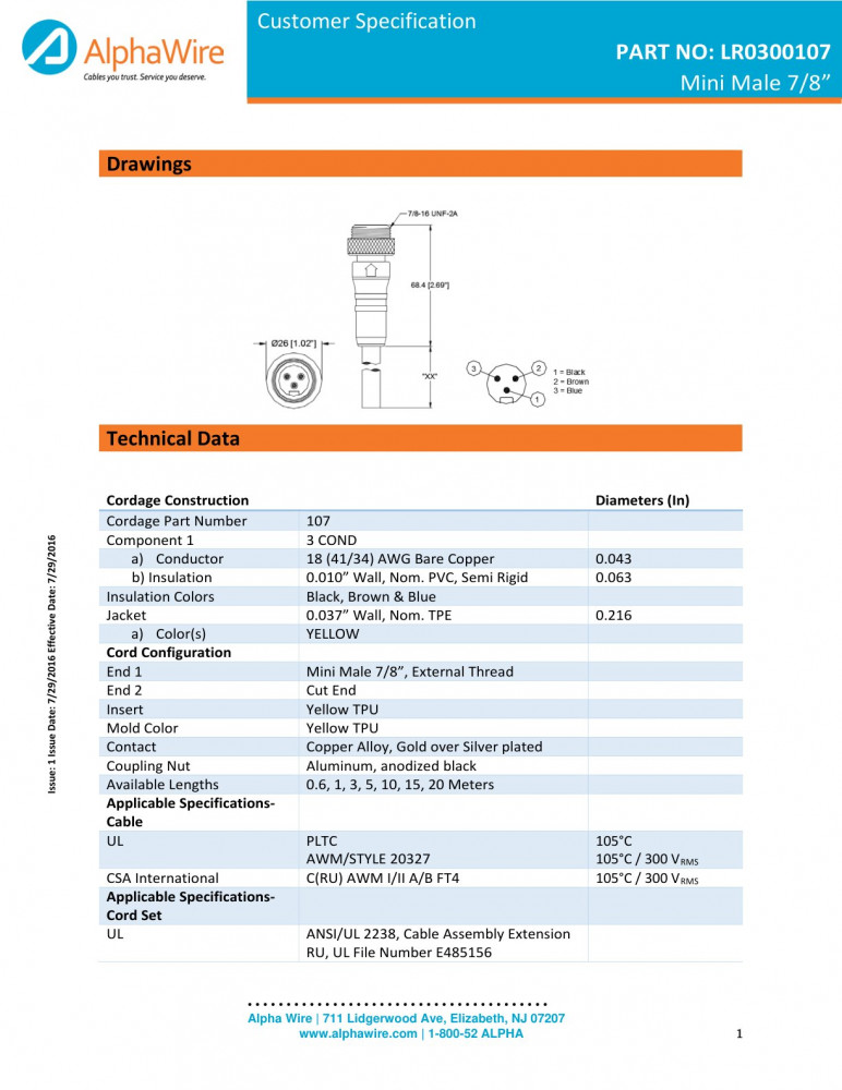 Alpha Wire LR0300107 YL400 technical drawing page 1