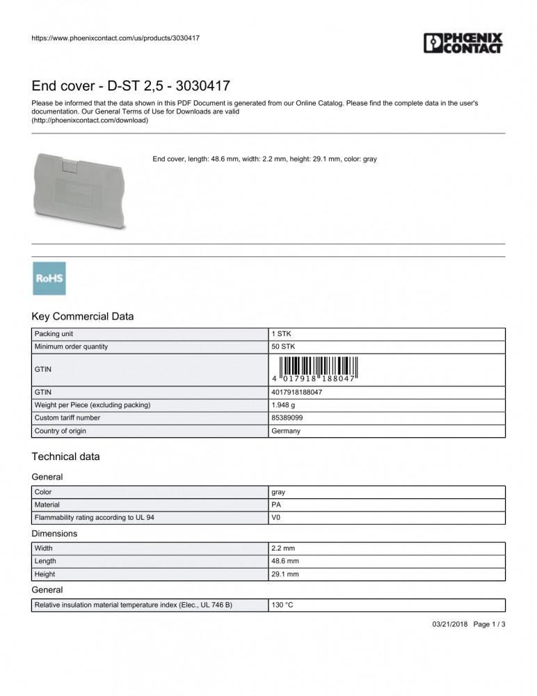 Phoenix Contact D-ST 2,5 3030417 technical document page 1