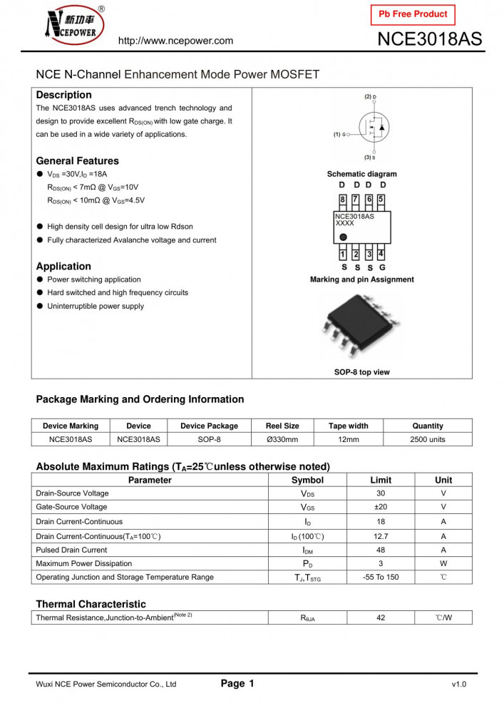 NCE3018AS datasheet page 1