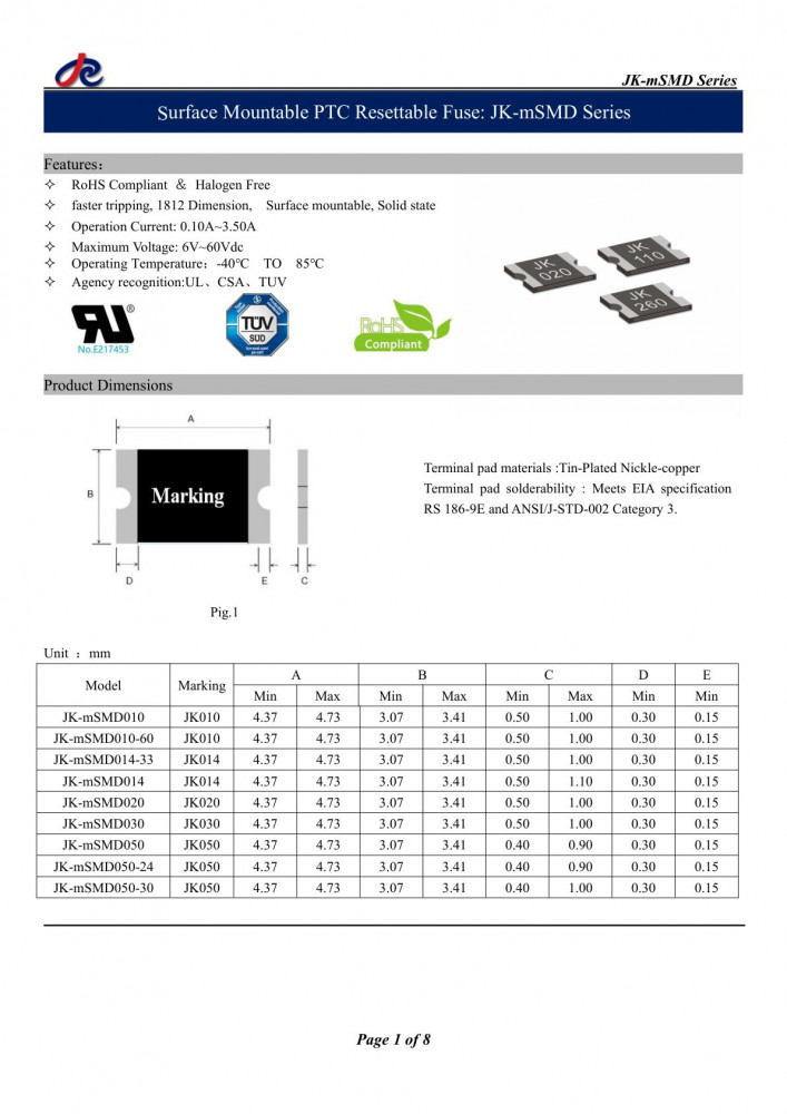Jinrui JK-mSMD series datasheet page 1
