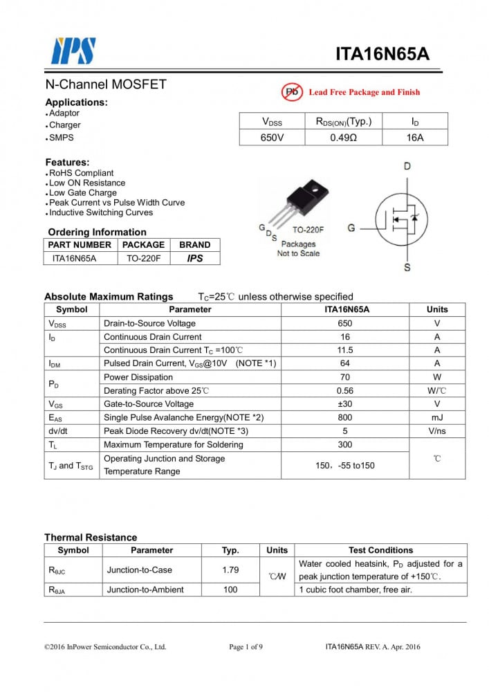 ITA16N65A datasheet page 1